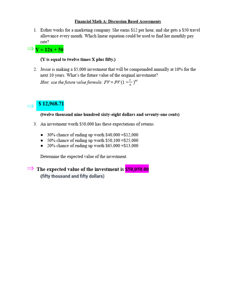 DBA Rubric - Financial Math A | PDF