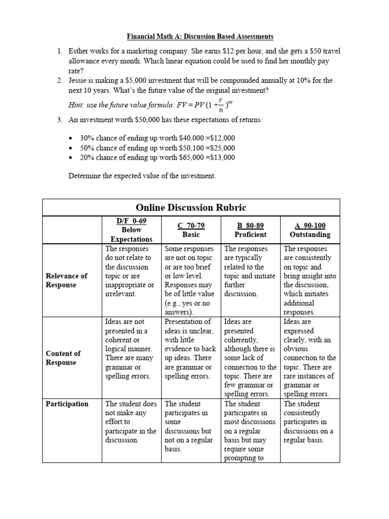 DBA Rubric - Financial Math A | PDF