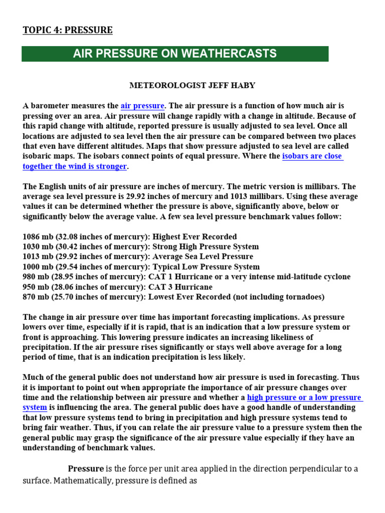 Topic 4 Pressure | PDF | Atmospheric Pressure | Pressure