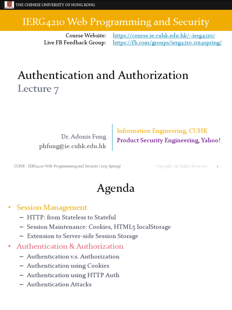 Authentication And Authorization Lecture 7 Pdf Cookie World Wide Web