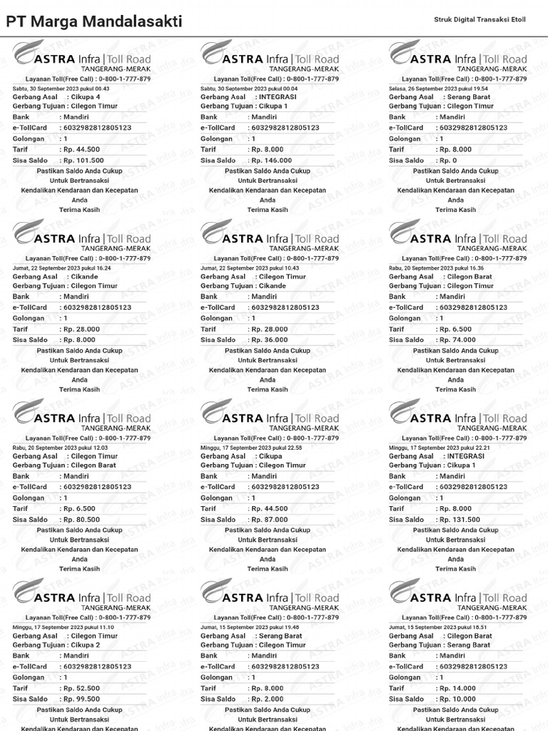 Struk Transaksi ASTRA Infra Toll Road - 203557 | PDF