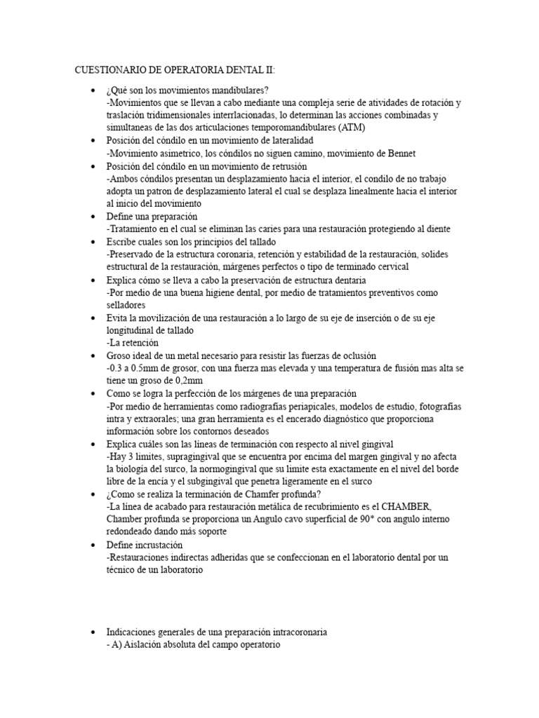 Cuestionario de Operatoria Dental II | PDF | Diente