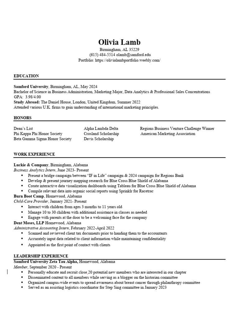 Olivia Lamb Resume Nov 2023 | PDF | University Of Alabama | Business