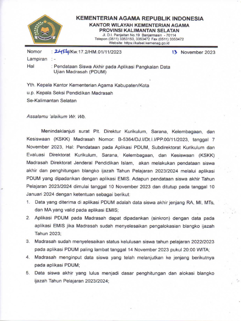 SuratPendataan Siswa Akhir Pada PDUM 2023 | PDF