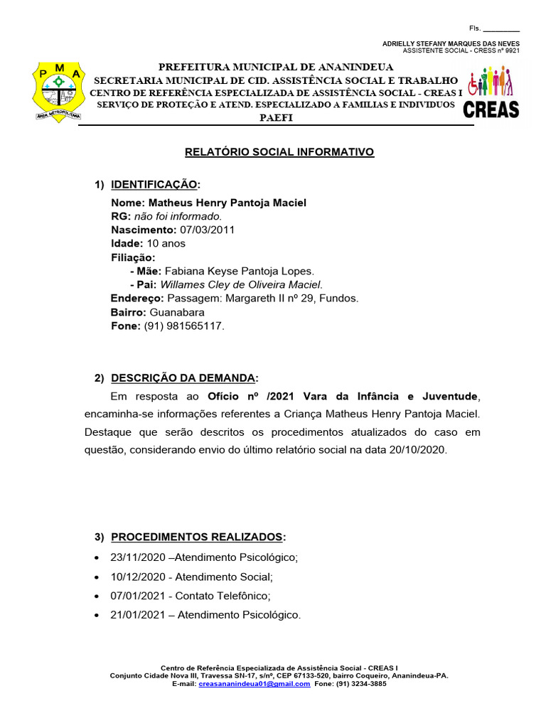 RELATÓRIO SOCIAL Matheus Henrry Pantoja Maciel | PDF | Trabalho social
