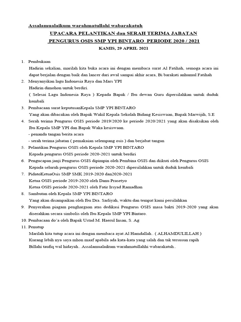 Pelantikan Pengurus OSIS SMP YPI 2021-2022 | PDF