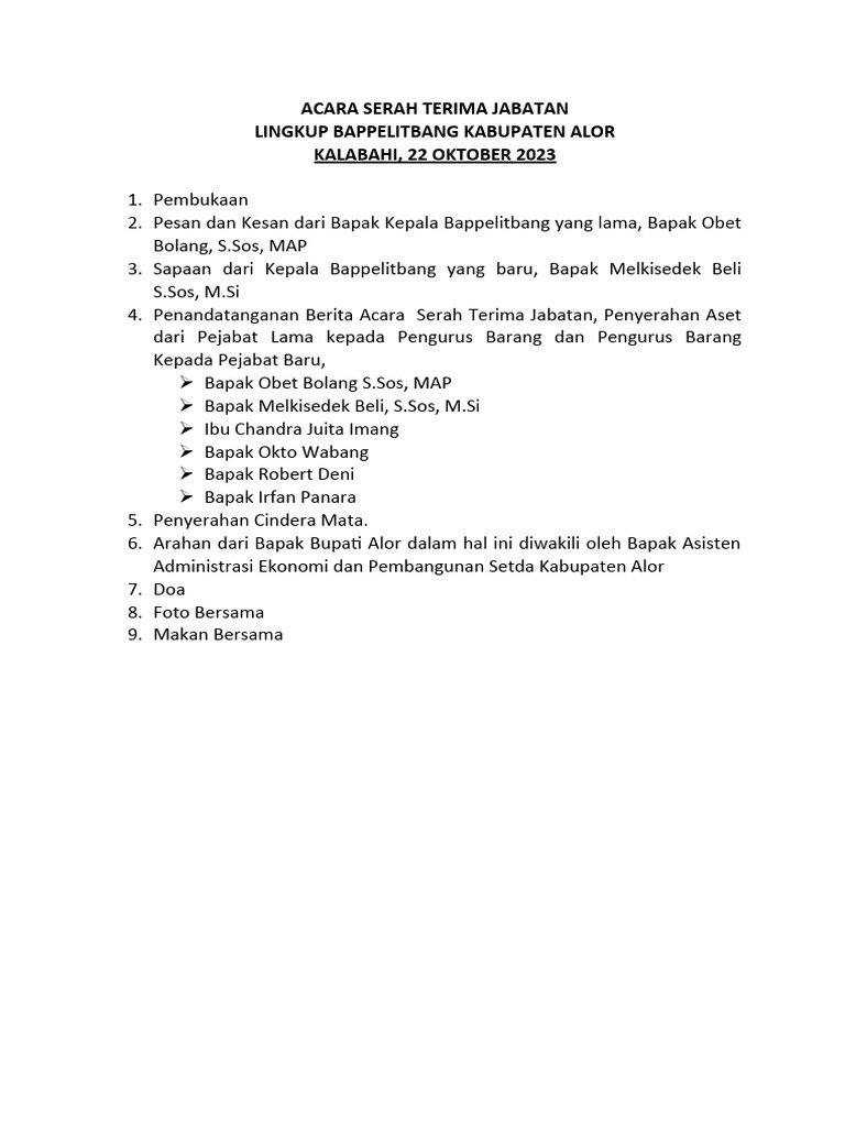 Susunan Acara Serah Terima Jabatan | PDF