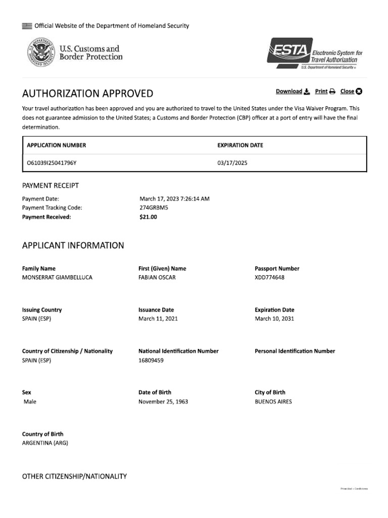 ESTA Application Approved | PDF