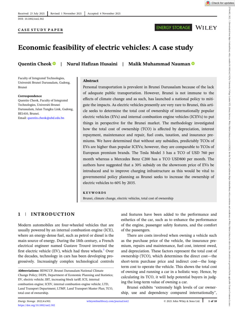 Energy Storage - 2021 - Cheok - Economic Feasibility of Electric Vehicles A Case Study | PDF ...