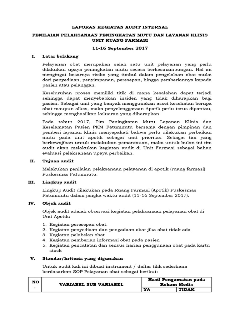 Laporan Kegiatan Audit Internal Apotik Pdf