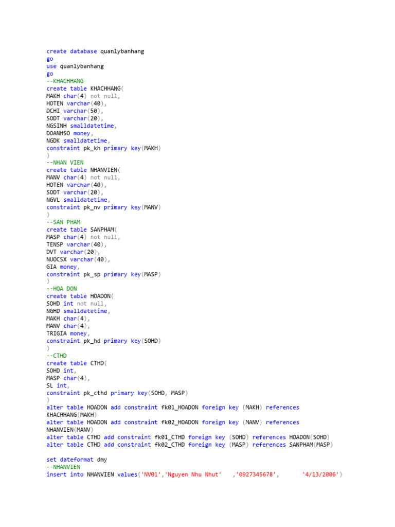 Create Database Quanlybanhang | PDF | Data Management Software | Data Management