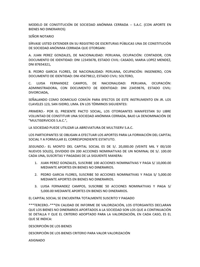 MODELO DE CONSTITUCIÓN DE SOCIEDAD ANÓNIMA CERRADA | PDF | Ley procesal | Business