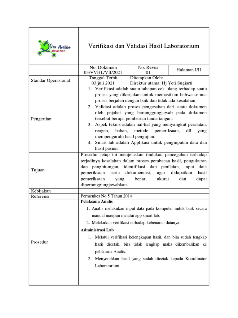 Sop Verifikasi Dan Validasi Hasil | PDF