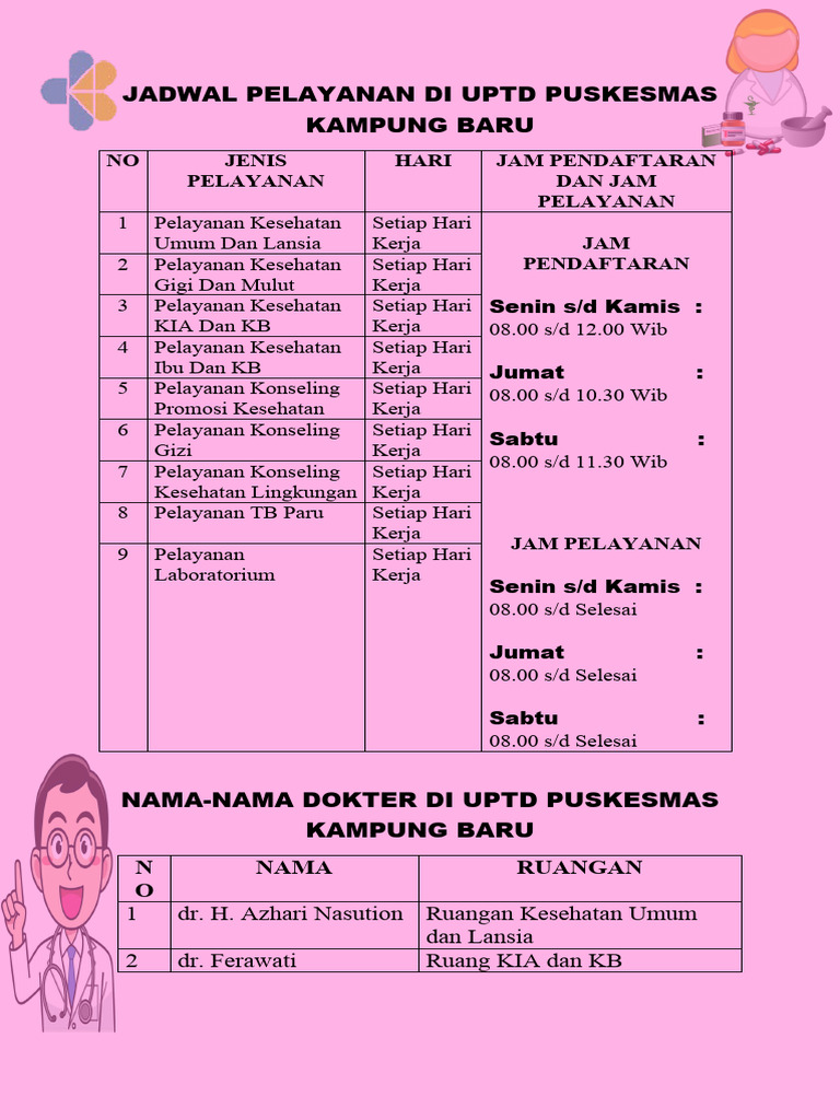 JADWAL PELAYANAN DI UPTD PUSKESMAS KAMPUNG BARU | PDF