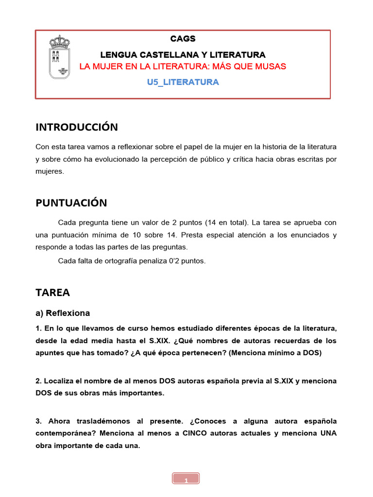 TAREA LENGUA - U5 - Mujeres Lit | PDF