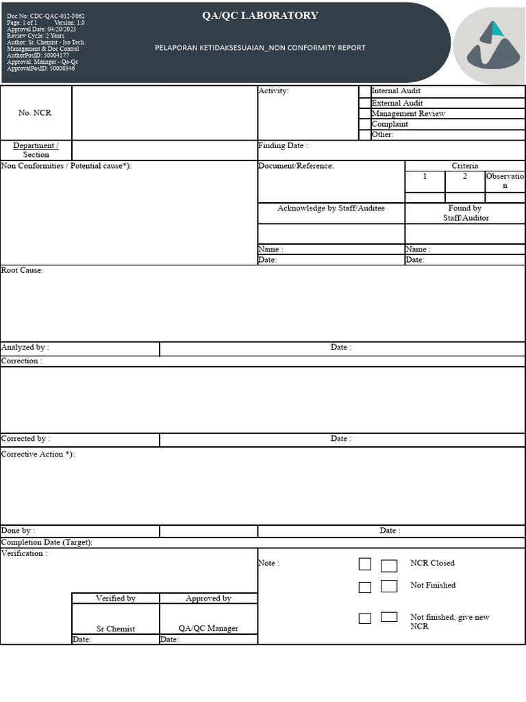 CDC-QAC-012-F062 Pelaporan Ketidaksesuaian (Non-Conformity Report ...