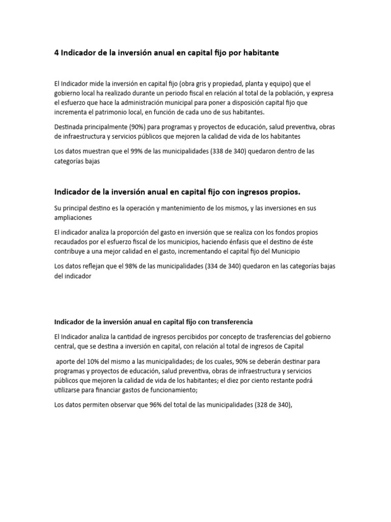 4 Indicador de La Inversión Anual en Capital Fijo Por Habitante | Descargar gratis PDF | Deuda ...