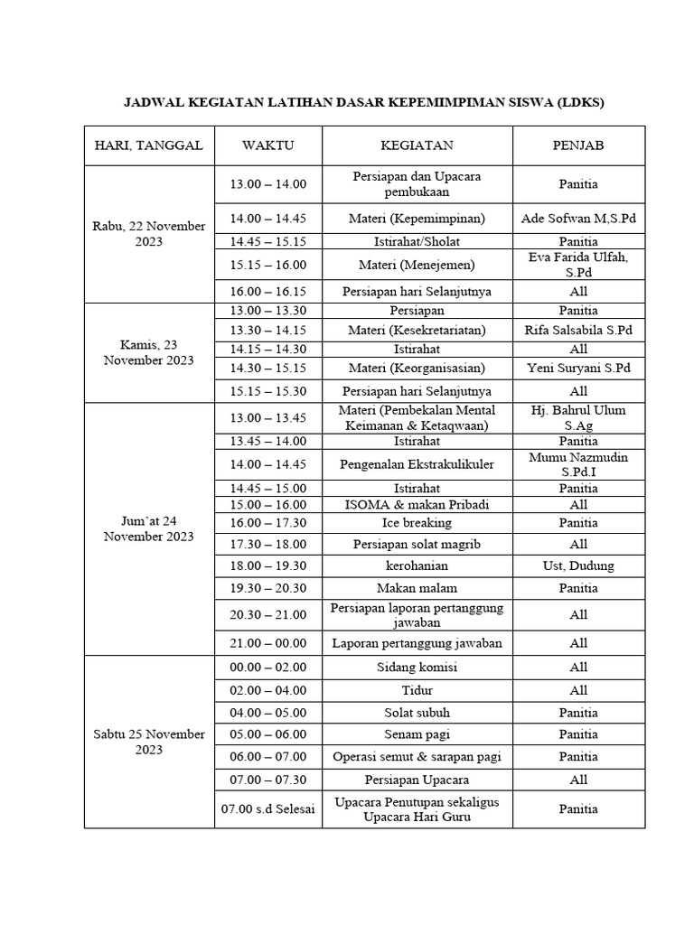 Jadwal Kegiatan LDKS | PDF