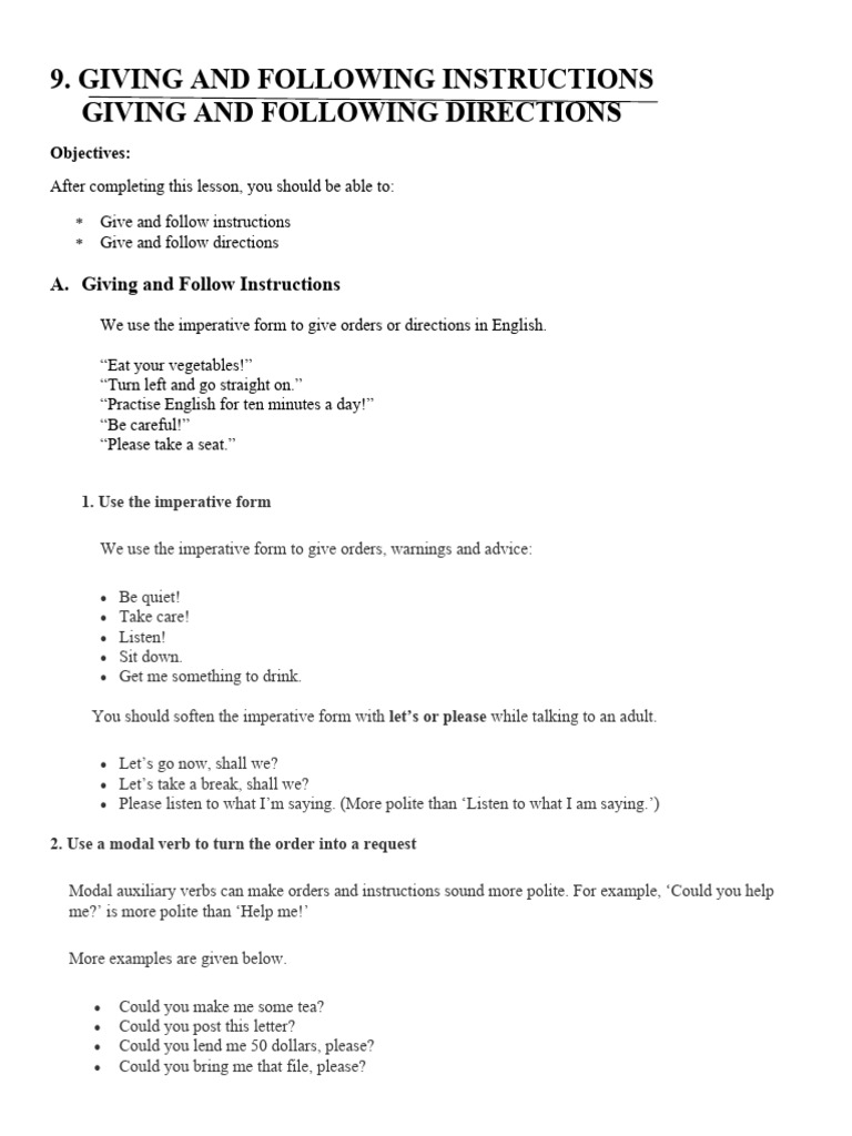 Giving and Following Instructions-Directions | Download Free PDF ...