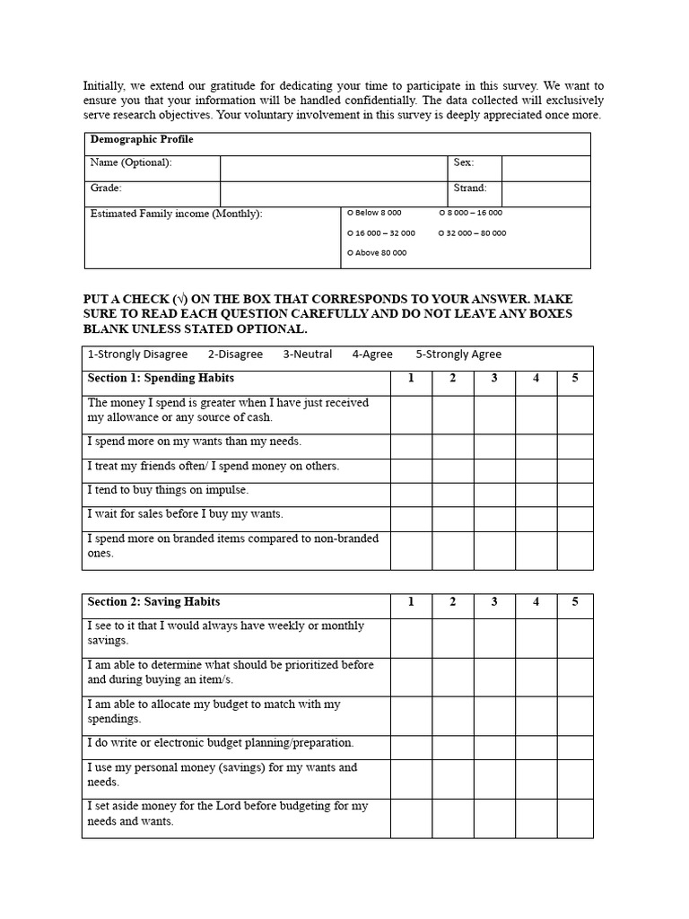 Survey on Spending and Saving Habits | PDF