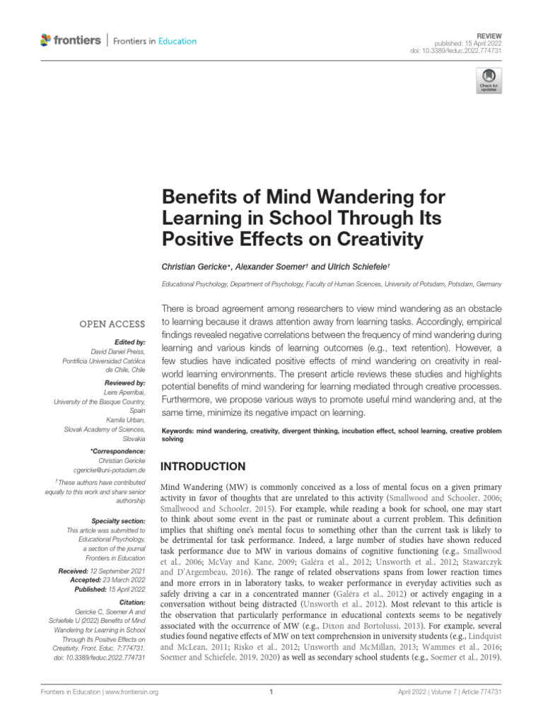 Benefits of Mind Wandering For Learning in School | PDF | Creativity | Mind Wandering