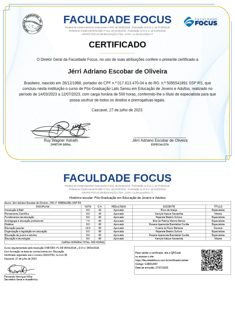 Certificado de Pós-Graduação em Educação | PDF | Pós-graduação ...