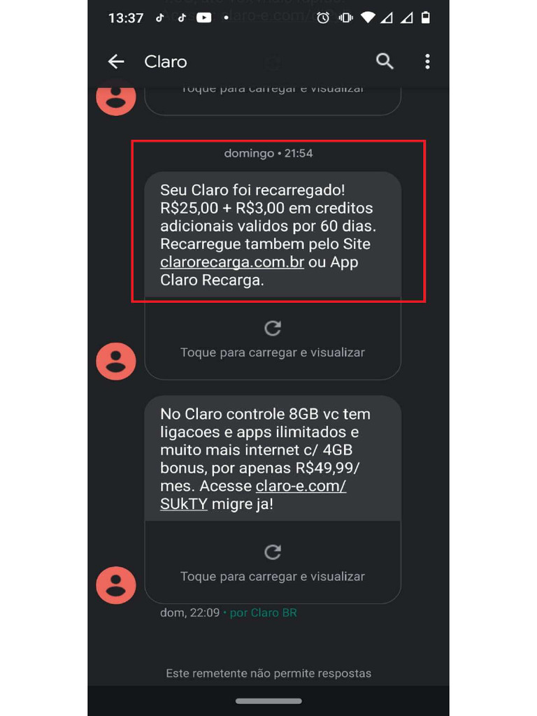 SMS Da Claro Informando o Momento Que o Autor Recarregou R$ 25,00 ...