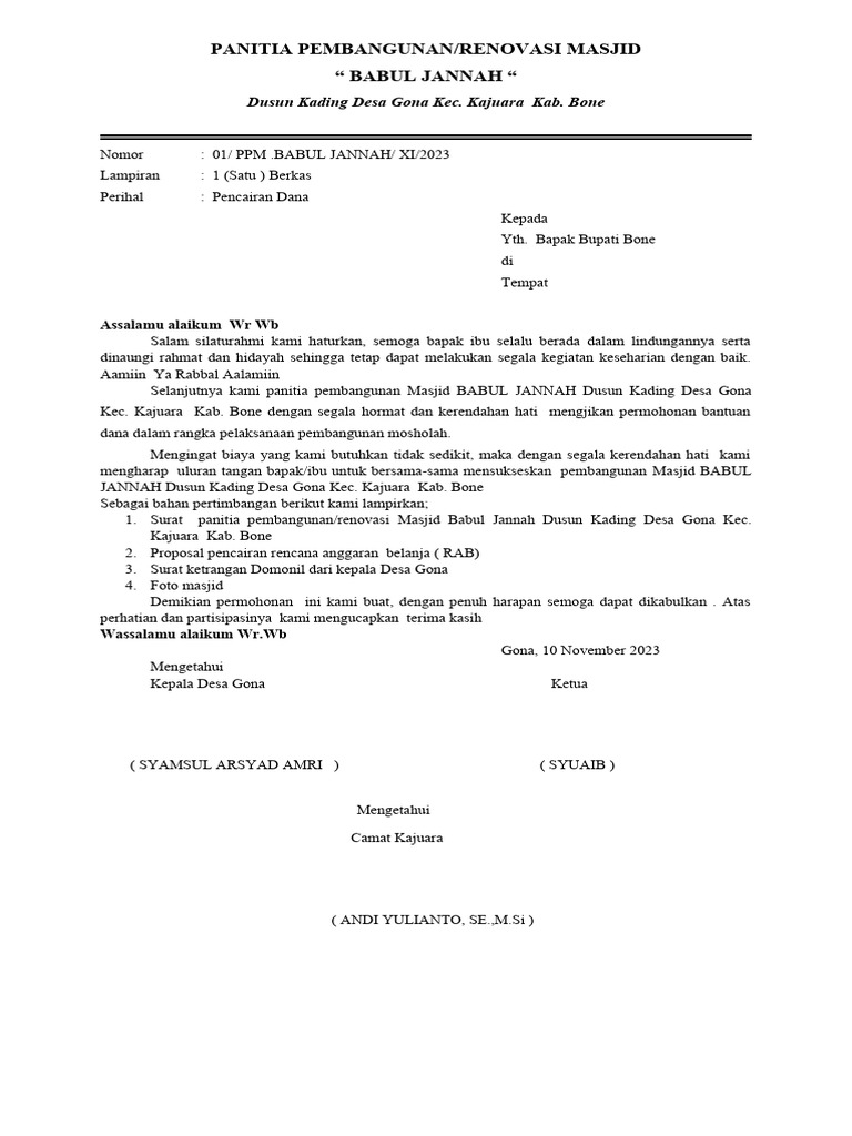 Permohonan Dana Pembangunan Masjid | PDF