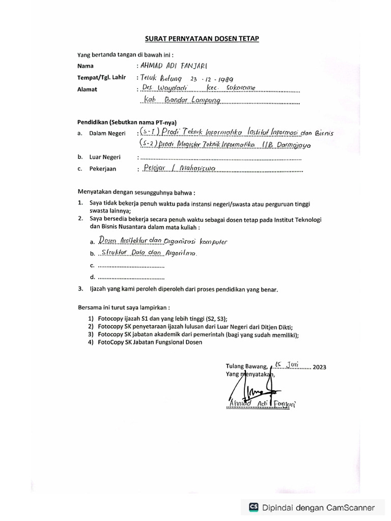 Surat Pernyataan Ahmad Adi Fanjari | PDF Surat Pernyataan Ahmad Adi Fanjari | PDF