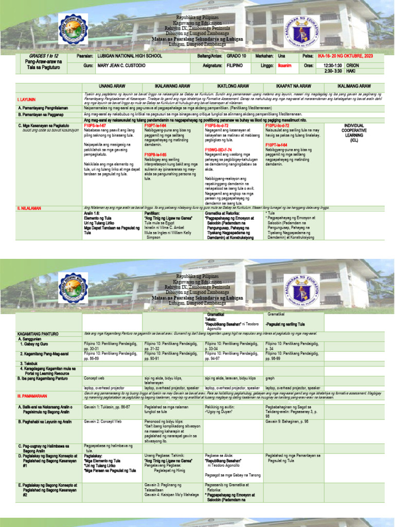 6 DLL IN FILIPINO 10. Aralin 1.6 | PDF
