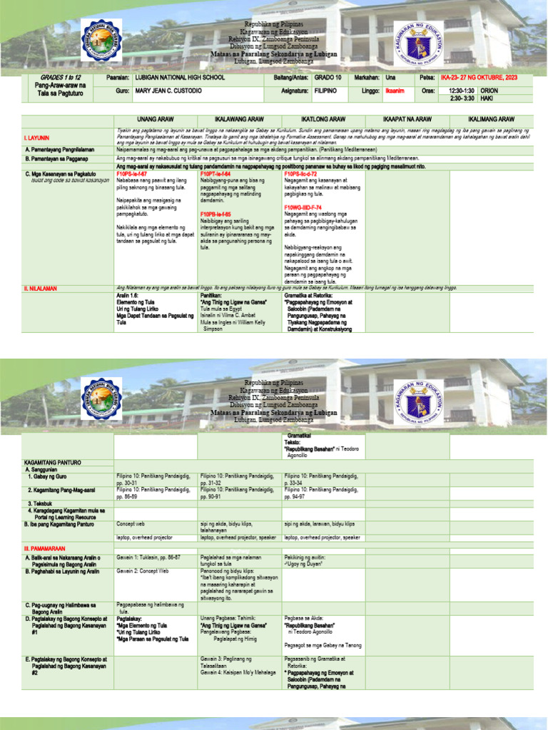 6 DLL IN FILIPINO 10. Aralin 1.6 | PDF