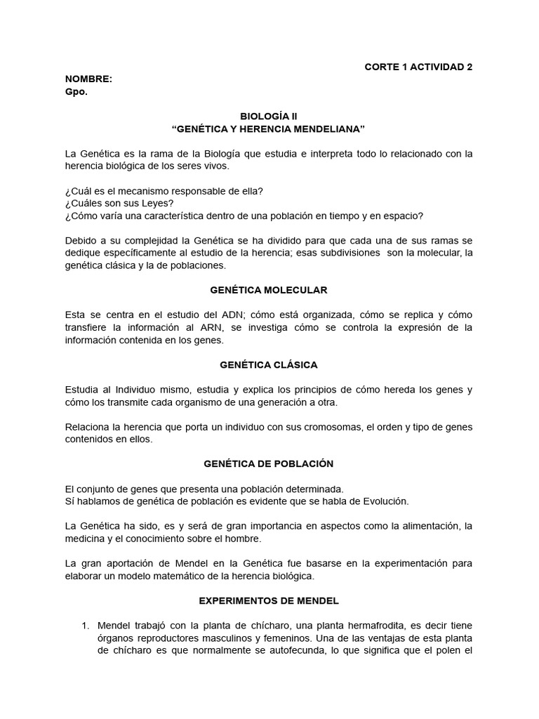 GENÉTICA Y HERENCIA MENDELIANA Corte 1 Actividad 2 | PDF | Dominancia ...