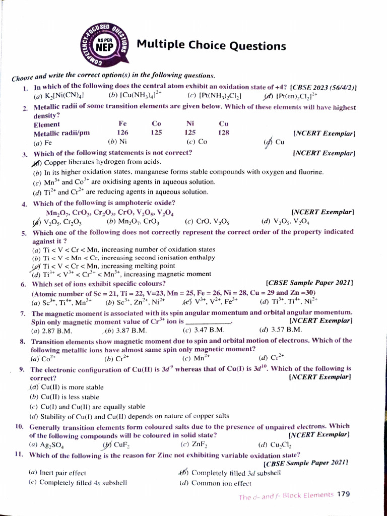 Multiple Choice Questions: (Atomic Number of SC 21, Ti 22, V 23, MN 25 ...