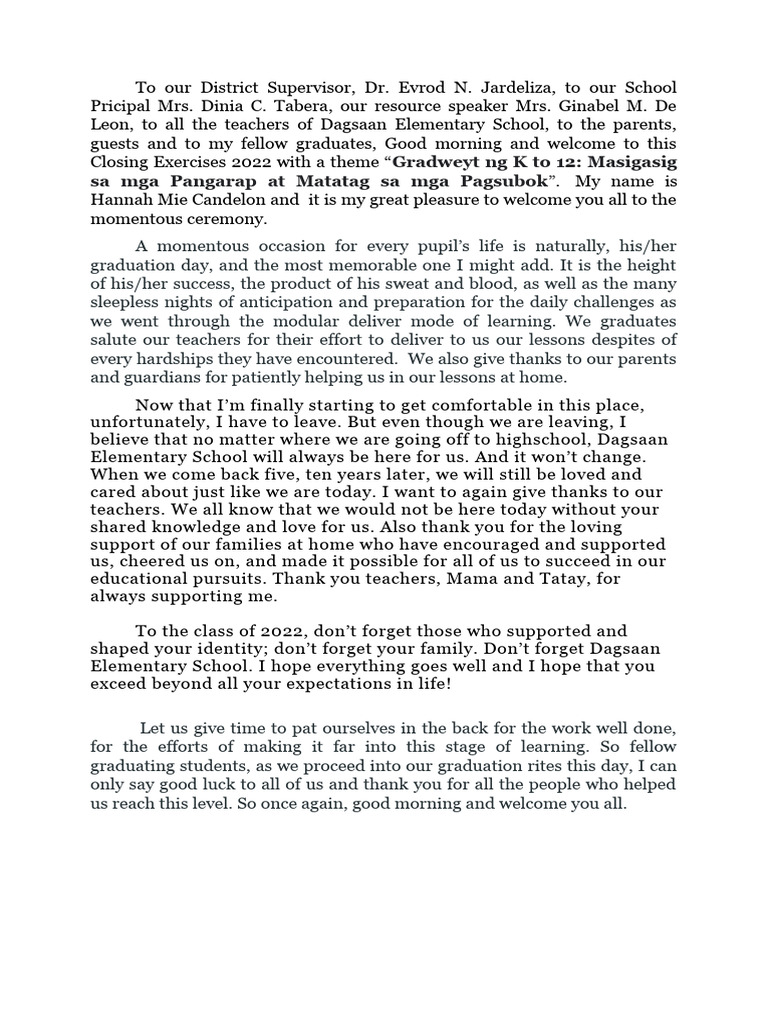 Graduation Welcome Speech by With Honors | PDF