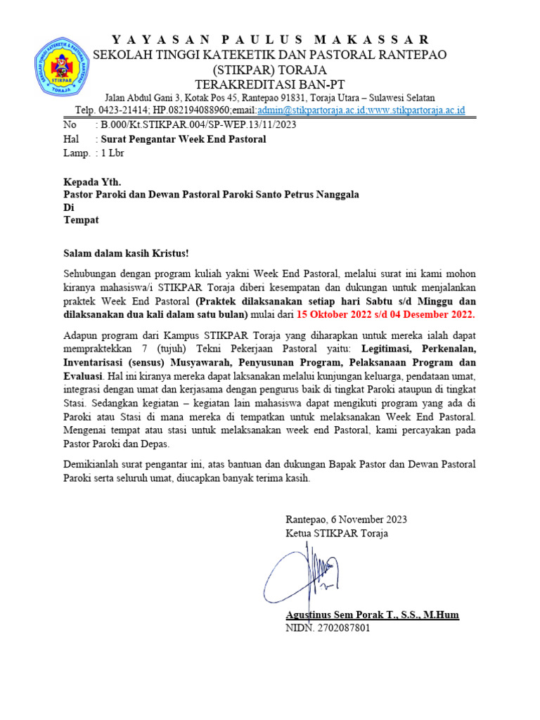 Surat Pengantar Week End Pastoral | PDF
