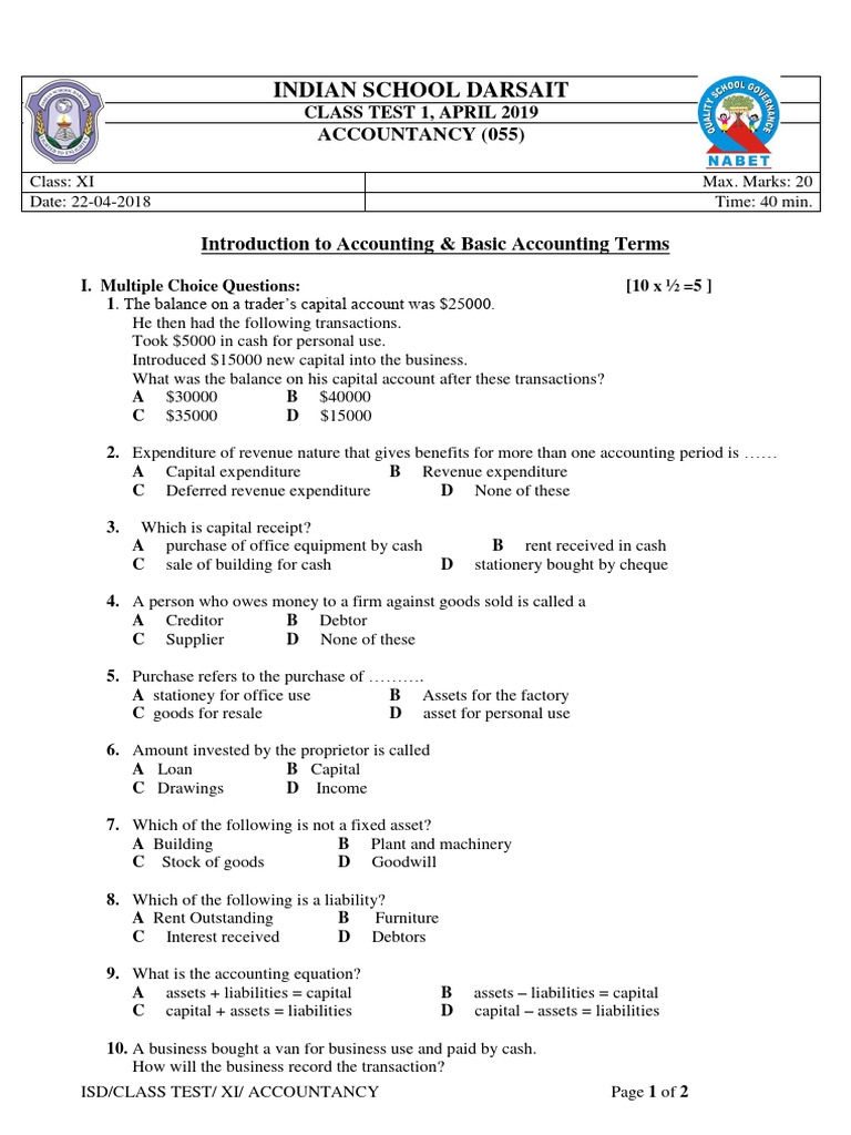 Class Test 1-Introduction to Accounting and Basic Accounting Terms ...