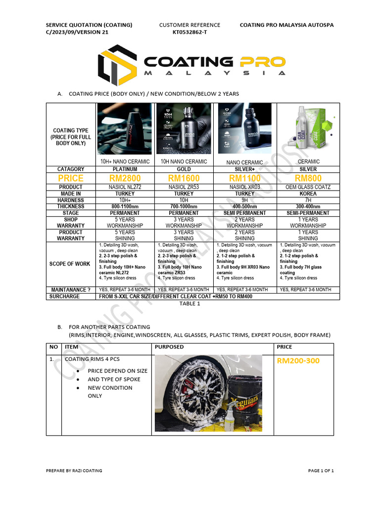 Coating Service Quotation Malaysia | PDF | Vehicles | Land Vehicles
