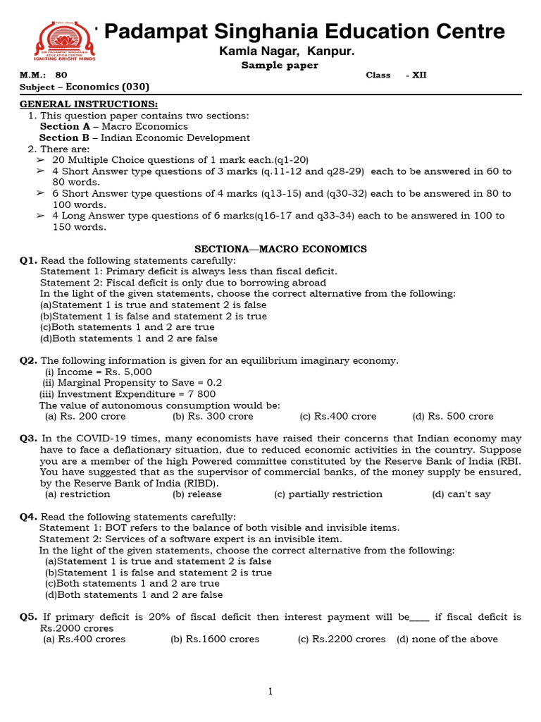 Class 12 Economics Sample Paper 2024 | PDF | Taxes | Gross Domestic Product