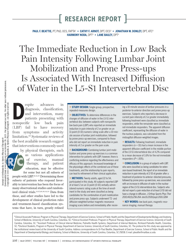 Beattie Et Al 2010 The Immediate Reduction in Low Back Pain Intensity ...
