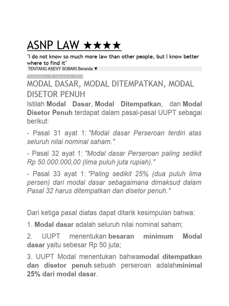 Modal Ditempatkan dan Disetor Penuh | PDF | Bisnis | Ilmu Sosial