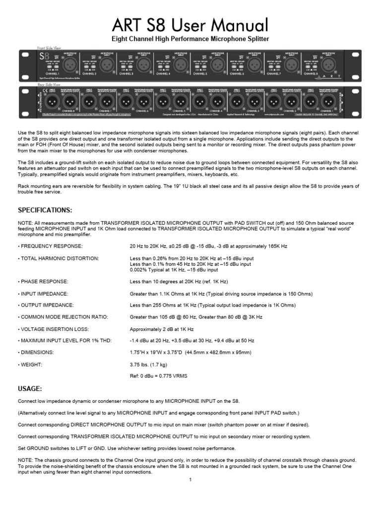 ART S8 Transformer Isolated Microphone Splitter | PDF | Microphone ...