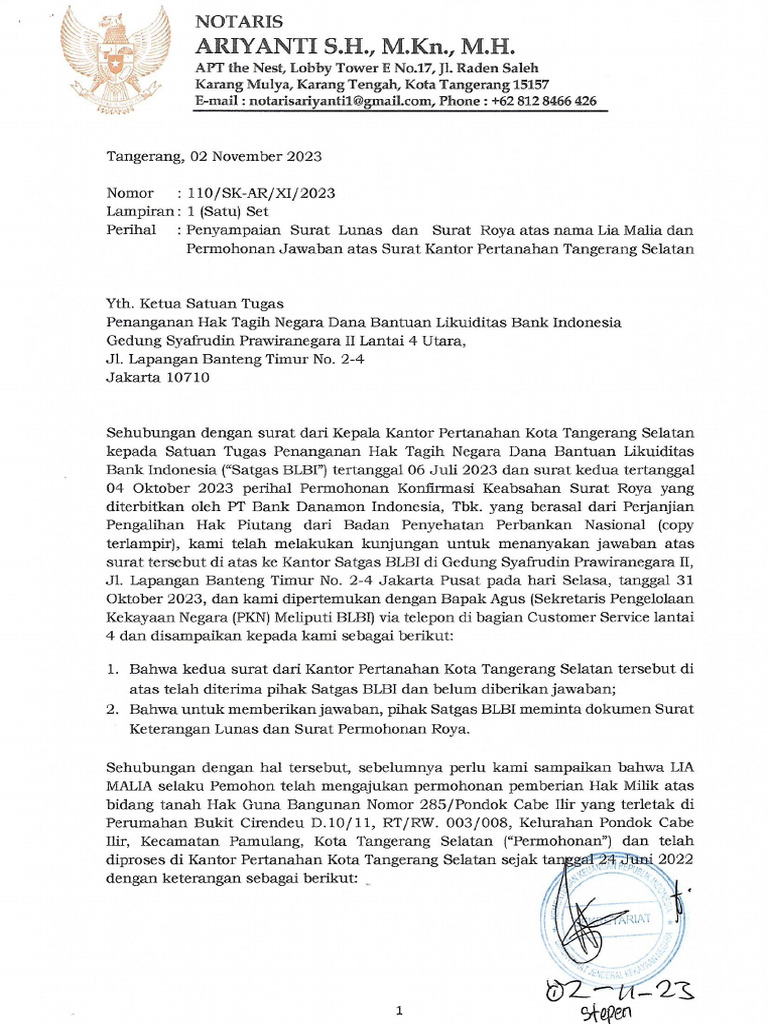 Surat KPD BLBI 2 Nov 23 - Tanda Terima | PDF