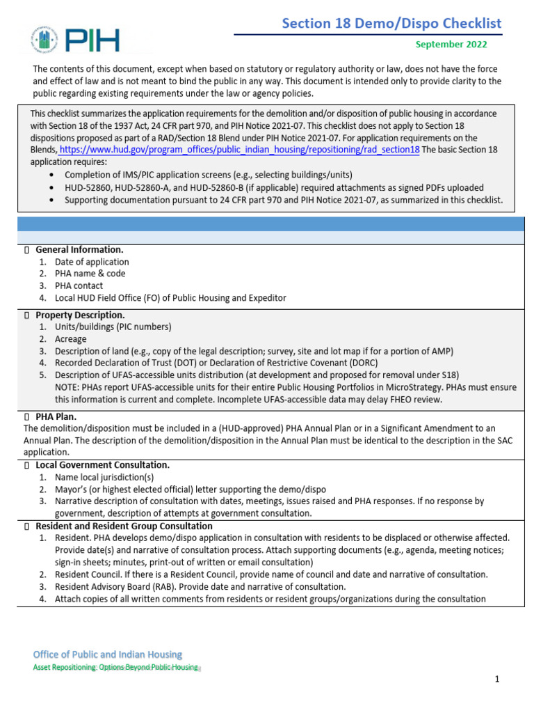 Section 18 Demo/Dispo Application Checklist | PDF | Section 8 (Housing ...