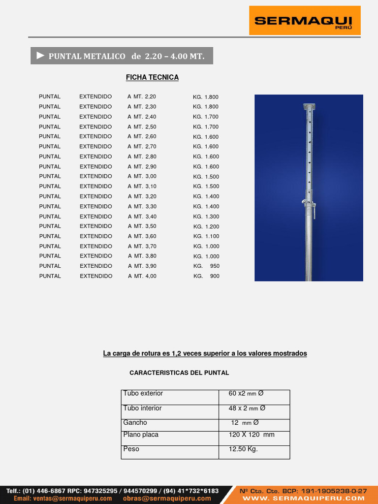 Ficha Tecnica Puntal Nacional 2.20-4.00m (Tub. Int. 48x2) | PDF
