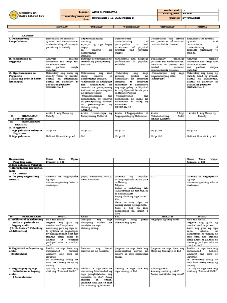DLL - Mapeh 4 - Q2 - W1 | PDF