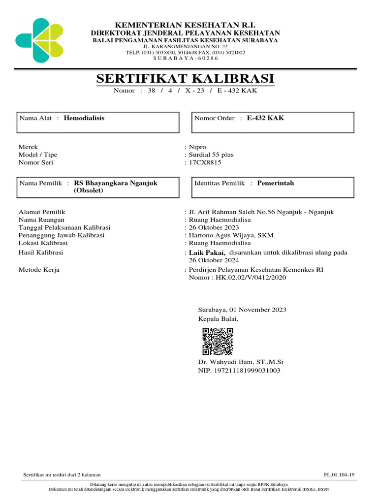 Sertifikat Kalibrasi: Kementerian Kesehatan R.I | PDF