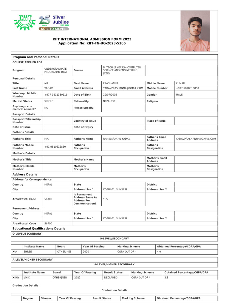Application - Form - KIIT FN UG 2023 5166 | PDF | Postgraduate Education