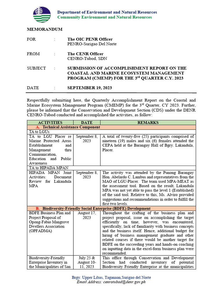 3rd Quarter Accomplishment Report | PDF | Protected Area | Natural ...