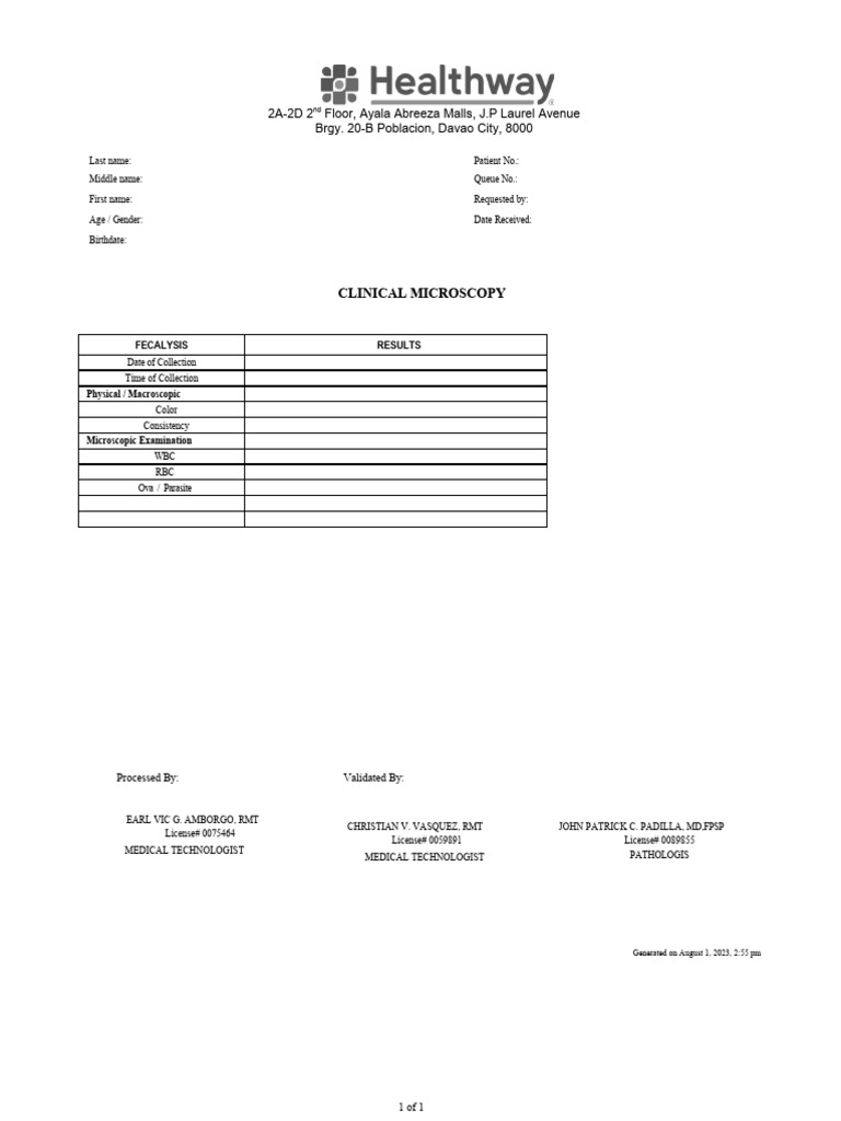LAB RESULT FORM CLINICAL MICROSCOPY - Fecalysis | PDF LAB RESULT FORM CLINICAL MICROSCOPY - Fecalysis | PDF