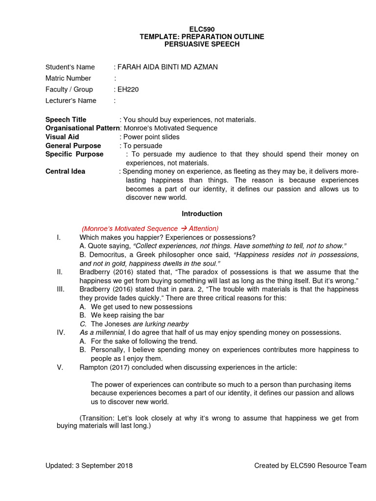 Elc590 Persuasive Speech Draft and PPT S | PDF | Experience | Happiness